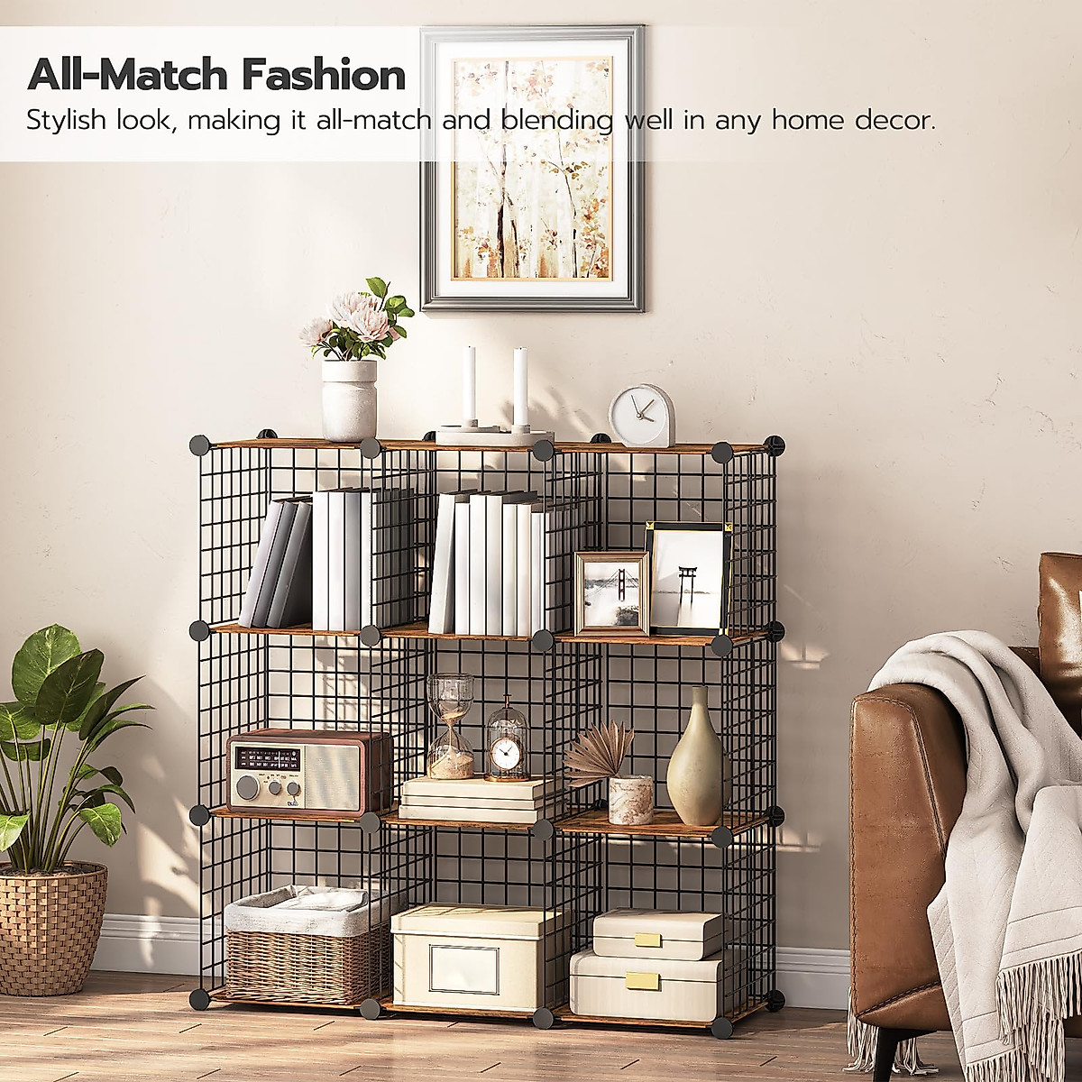 HOOBRO Cube Storage Organizer, Wire Cube Storage, 9-Cube Metal Grid Storage Shelf, Modular Cabinet, DIY Cube Bookshelf, for Living Room, Bedroom, Study, Rustic Brown and Black BF09CW01