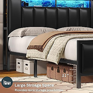 AOGLLATI Full Bed Frame with Hidden Storage Headboard,Metal Bed Frame Full Size with Charging Station and 2-Tier Storage Headboard, Full Bed with Led Lights and Metal Slats, No Box Spring Needed
