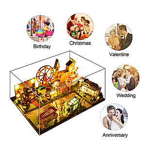 WYD 6pcs DIY Mini Car Train Shop House Combined Bus Shop Street Model 3D Wooden Miniature Dollhouse Kit with LED Lights and Furniture Kits (6PCS Car) for Friends