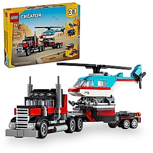 LEGO Creator 3 in 1 Flatbed Truck with Helicopter Toy, Transforms from Flatbed Truck Toy to Propeller Plane to Hot Rod and SUV Car Toys, Gift Idea for Boys and Girls Ages 7 Years Old and Up, 31146