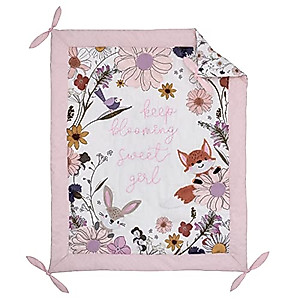 NoJo Keep Blooming Pink, White, Purple and Gold, Flowers, Fox, Bunny and Birds "Keep Blooming Sweet Girl" 4 Piece Nursery Crib Bedding Set - Comforter, 100% Cotton Fitted Crib Sheet, Crib Skirt