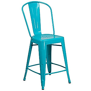 EMMA + OLIVER Commercial Grade 24" H Teal-Blue Metal Indoor-Outdoor Counter Stool w/ Back