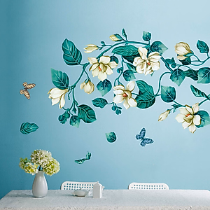 LiveGallery Removable Vinyl Fresh Green Leaf and White Flower Wall Sticker Murals Kids Girls Bedroom Nursery Rooms Wall Decals 3D Peel and Stick Decor for Home Living Room Offices Wall Corner