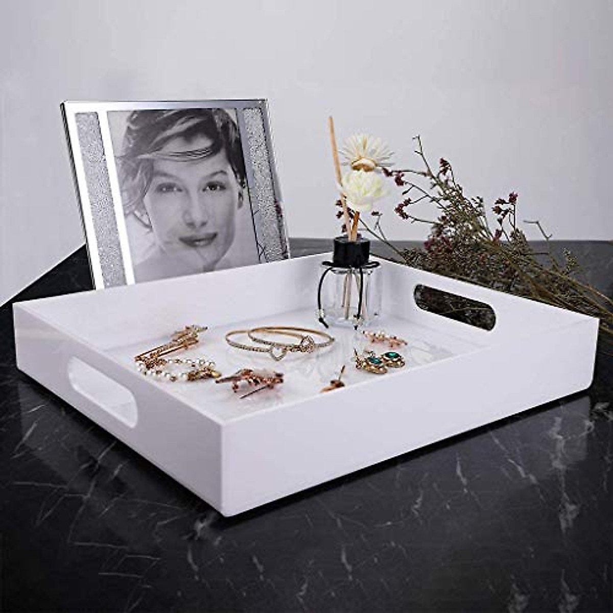 White Acrylic Tray 16" x 12" with Handles, Decorative Tray for Coffee Table, Kitchen or Living Room, Clear Acrylic Vanity Tray Spill Proof for Home Decor - Ottoman Tray, Serving Tray