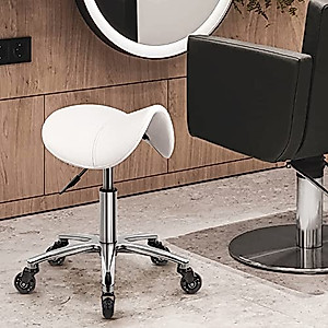 WKWKER Heavy Duty Saddle Rolling Stool with Wheels Hydraulic Swivel Adjustable Rolling Stool Ergonomic Thick Leather Seat Stool Chair for Kitchen Drafting Lab Office Salon Message Stool – White