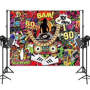 Maijoeyy 7x5ft 80's 90's Backdrop Hip Hop Backdrops for Photography Graffiti Wall I Love The 80S 90S Backdrop for Party Dj Gold Chain 80s 90s Party Decorations 90s backdrops for Photoshoot