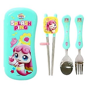 Generic TNB Teenieping Character Dinnerware Set with Case, Cutlery Set, Fork, Spoon, Tableware, Training Chopsticks for Beginners with Silicone Rings (Splashping), m, Pink, blue, purple