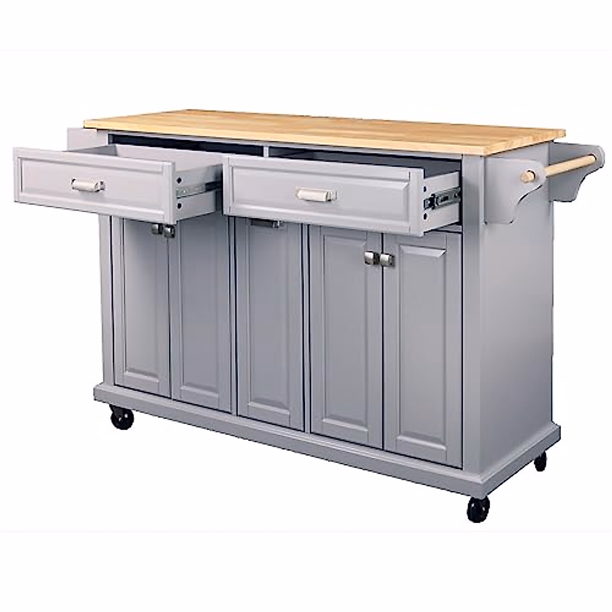 LKTART 51'' Mobile Kitchen Island Extensible 60.5''Solid Wood Table Top with 3 Drawers 4 Doors Spice Rack Towel Rack Movable on Wheels Kitchen Island for Kitchen