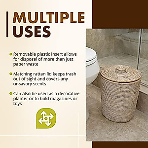 KOUBOO La Jolla Rattan Round Waste Basket With Lid & Plastic Insert, 2 Gallon Woven Wastebasket for Bathroom, Kitchen, Office, Living Room, & Home Decor, White Wash