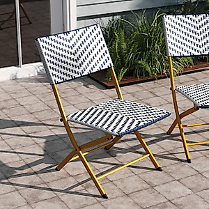 EMMA + OLIVER Ciel Two Piece Folding Bistro Chairs - Navy and White PE Rattan - Natural Finish Metal Frames - Indoor/Outdoor Use