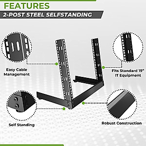 2-Post Open Frame Desk Rack, 6U, 10-32 Threaded, Black, 6.16 lbs, Cold Rolled Steel, Standard