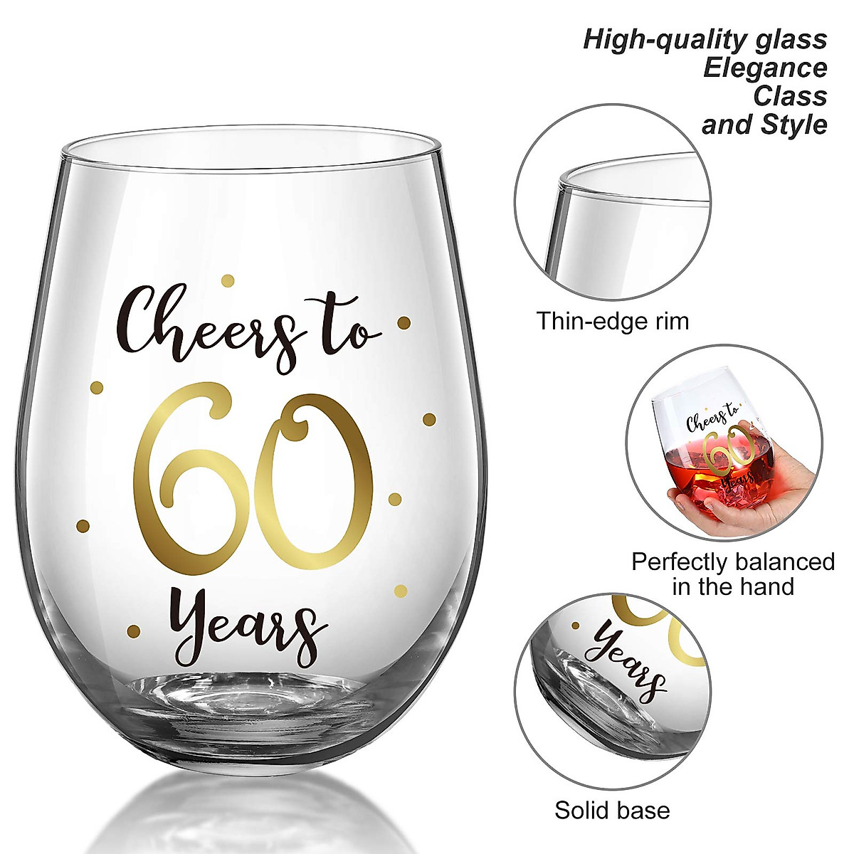 Birthday Stemless Wine Glass, Gold Birthday Wine Glass Present for Men Women Birthday Party Wedding Anniversary Decorations, 17 oz Stemless (Cheers to 60 Years)