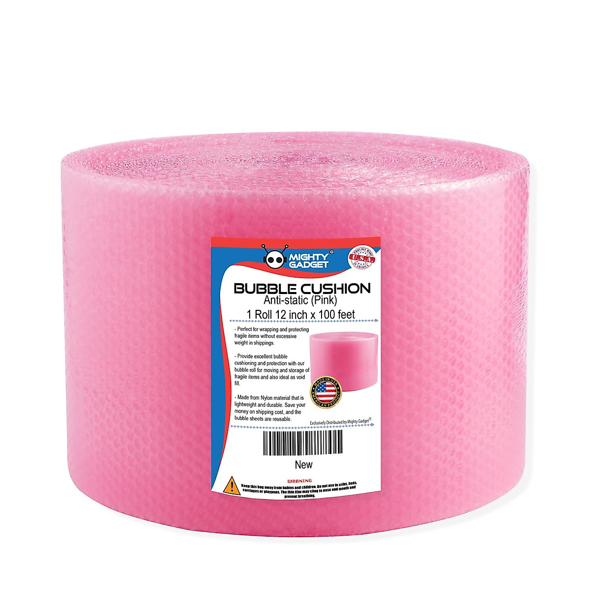 Mighty Gadget 100 ft Anti-static Small Bubble Perforated Every 12” Cushioning Wrap for Moving & Shipping Bubble Packing Wrap for Extra Protection Clear Bubble Roll Moving Supplies (Pink)