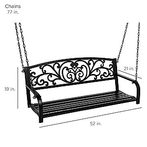 Best Choice Products 2-Person Metal Outdoor Porch Swing, Hanging Steel Patio Bench for Garden Deck w/Floral Accent, 485lb Weight Capacity - Black