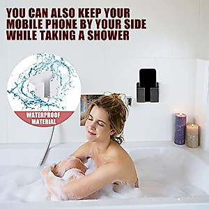 KEPEHE 4 Pcs Phone Holder Wall Mounted, Phone Stand with Data Cable Receiving Hole/Self Adhesive.Phone Holder for Shower/Charging.Compatible with iPhone and Android (Black)