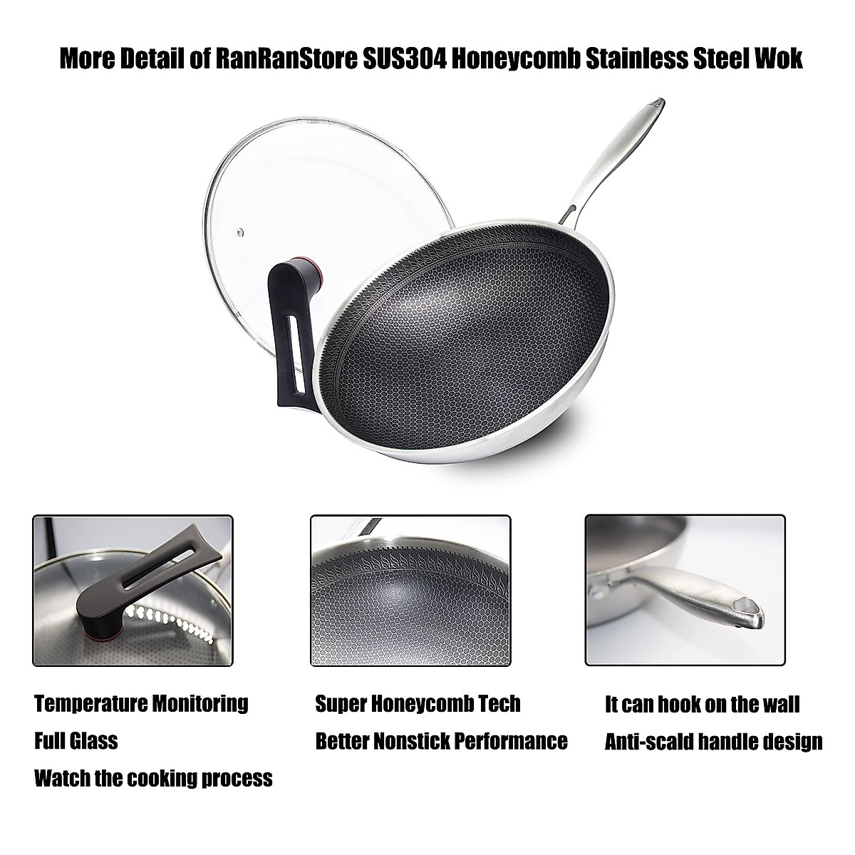 Cyrder Stainless Steel Wok with Lid, Nonstick Skillet/Saucepan, 18/8 Food Grade steel, Hybrid Hex Tech, Induction Cooker Compatible, Easy Clean/Wear-resistance/Dishwasher safe, 12.5inch