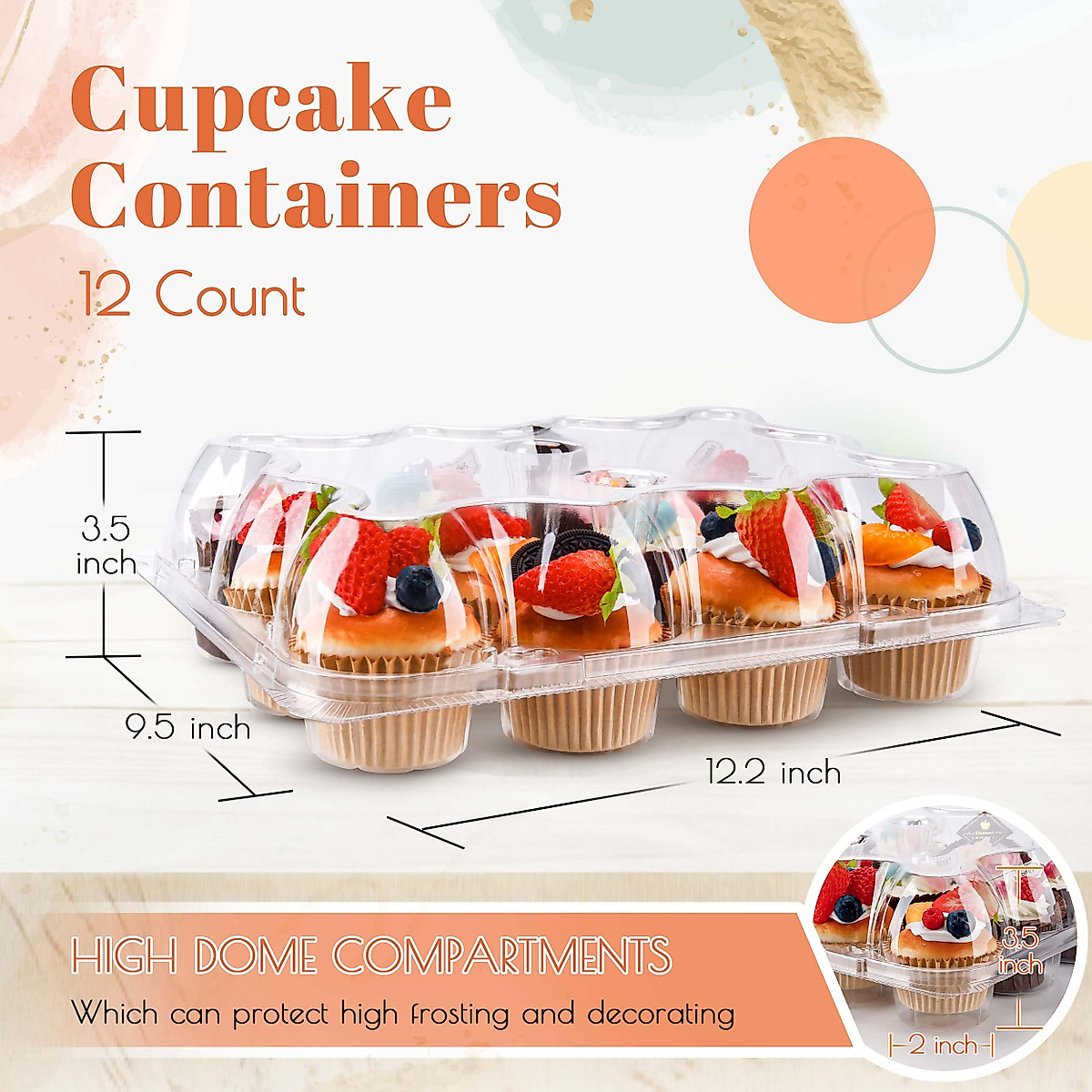 NPLUX 12 Count Cupcake Containers 12 Pack Cupcake Holders with Detachable Tall Dome Lids Clear Plastic Stackable Cupcake Boxes for 144 Cupcakes, BPA Free, Standard Size
