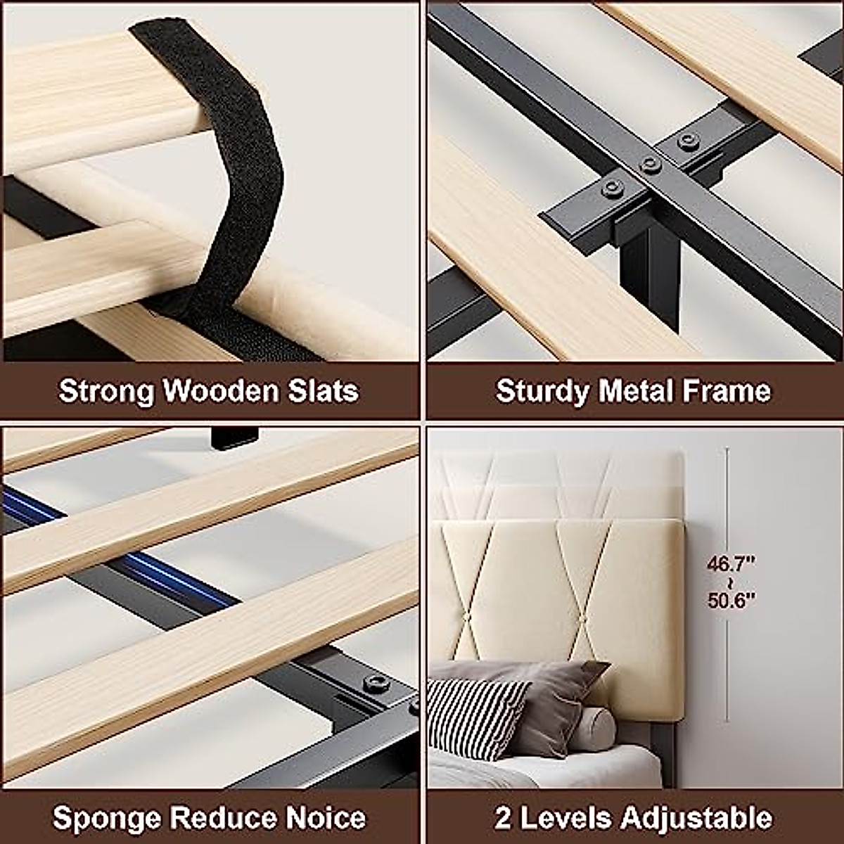 Gizoon Queen Bed Frame with Adjustable Velvet Headboard, Upholstered Platform Bed Frame with Sturdy Metal Frame, Wooden Slats, Noise-Free, No Box Spring Needed (Beige, Queen)