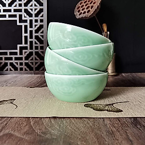 Chinese Rice Bowls 10-Ounce 4.5 inch Celadon Glazed Cereal Bowl Embossed with Auspicious Clouds Porcelain(Set of 4) (Green02)
