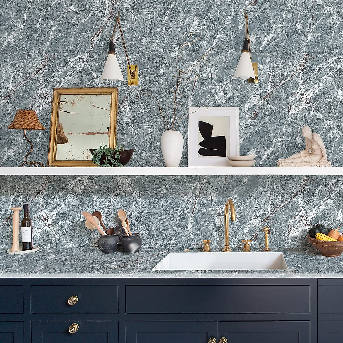 Erfoni Marble Contact Paper Blue Glossy Marble Wallpaper Marble Peel and Stick Wallpaper for Countertops 15.8inch x 197inch Granite Self Adhesive Removable Wall Paper for Cabinets Waterproof Vinyl