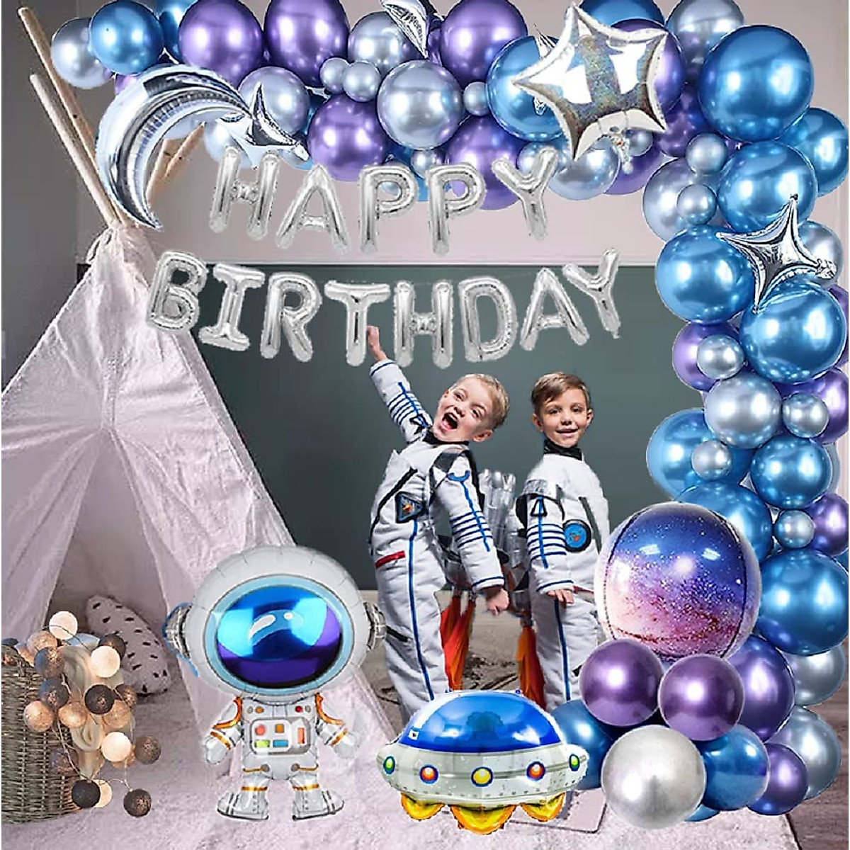 Outer Space Balloon Garland Kit, 115Pcs Universe Space Planets Party Balloon Garland Kit Included Happy Birthday UFO Rocket Astronaut Galaxy Moon Star Balloons for Kids Birthday Party Decorations