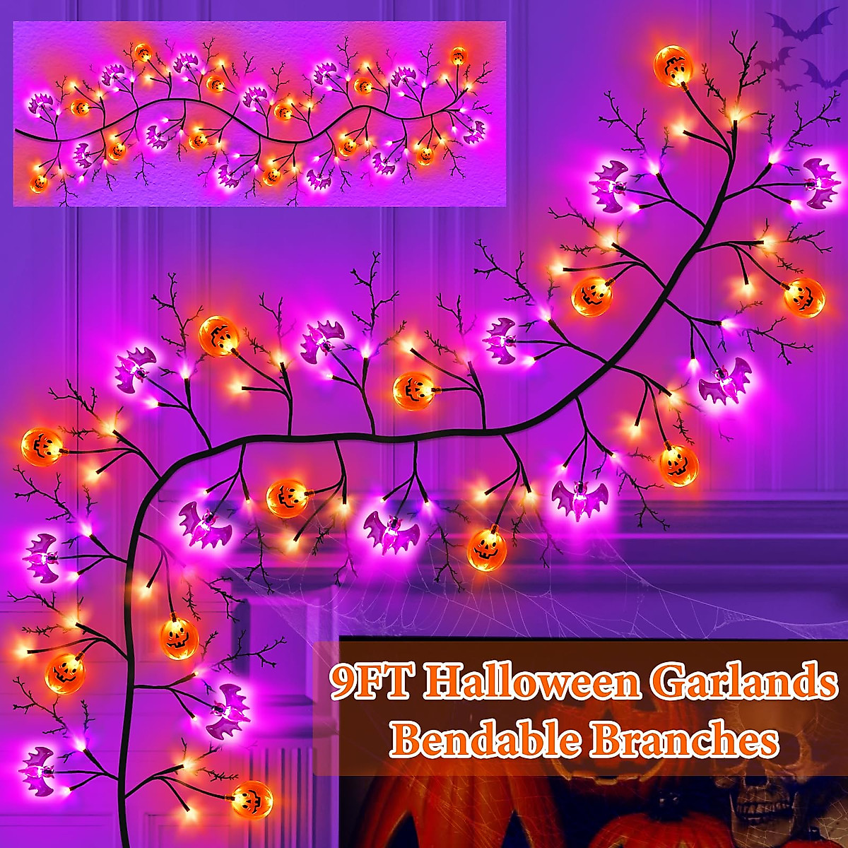 9FT 72LED Halloween Decorations Willow Vine Twig Garland with 8 Modes Orange Purple Lights & Timer &12 Pumpkin Bat,Battery Operated Halloween Garland for Mantel Table Fireplace Indoor Home Decor