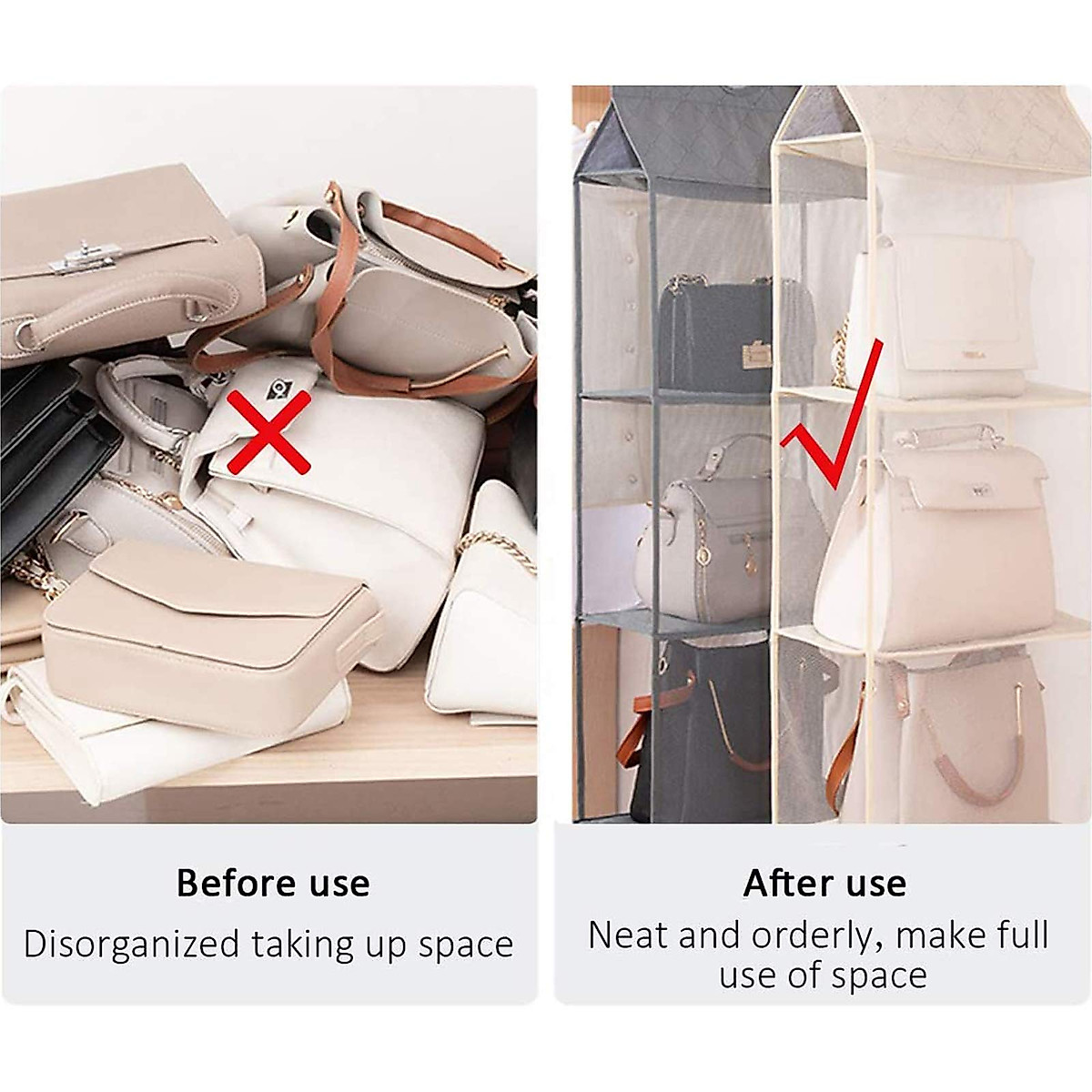 BIMZUC Hanging Handbag Organizer, [2 Pcs] Closet Hanging Organizer for Purse Handbag Bag, Hanging Purse Storage Organizer, Closet Organizers Storage for Room Family Bedroom Use, 4 Grids-Beige