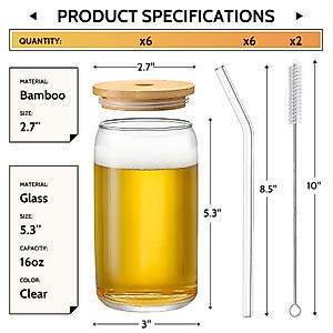 [ 6pcs Set ] Glass Cups with Bamboo Lids and Glass Straw - Beer Can Shaped Drinking Glasses, 16 oz Iced Coffee Glasses, Cute Tumbler Cup for Smoothie, Boba Tea, Whiskey, Water - 2 Cleaning Brushes