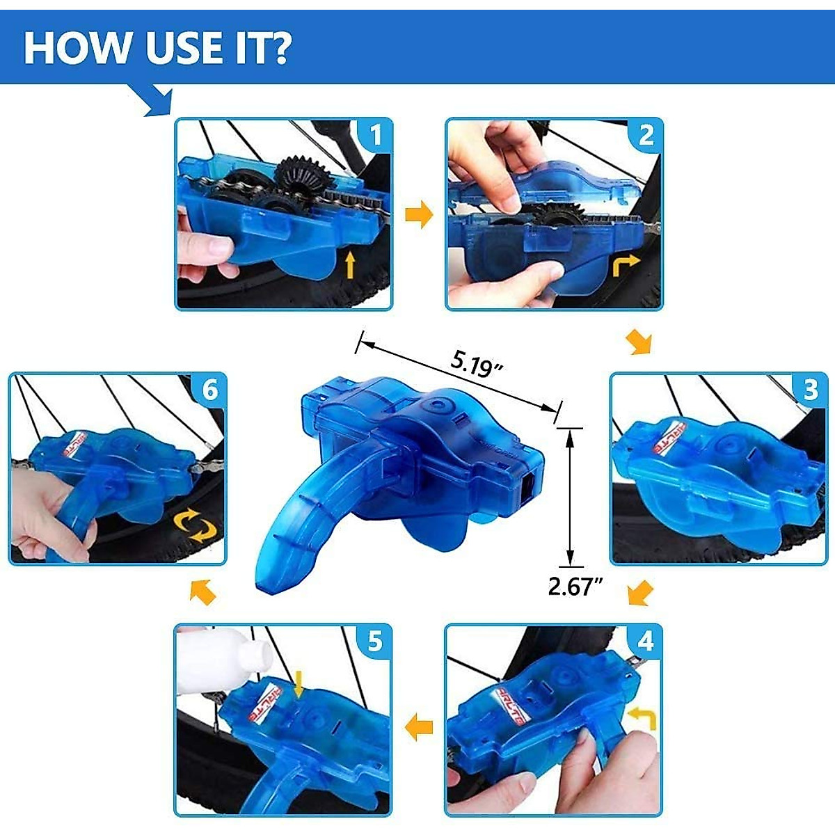 Bike Chain Cleaner Set Bicycle Cleaning Brush Tools Kits Washing Set with Sprocket Scraper Repair Machine Brushes Mitt Clean Gear for Mountain, Road, City, Hybrid, BMX, Folding Bike, Motorcycle (6Pcs)