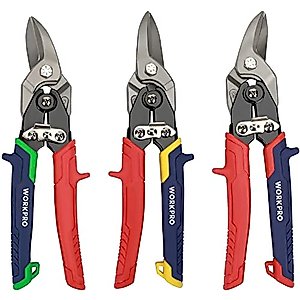 WORKPRO 3-Piece Aviation Snip Set, 10-inch Tin Snips Left, Right and Straight Cut, Metal Cutter Shears Made by Chrome Vanadium Steel, Ergonomical Handle with Hang Hole and Safety Latch