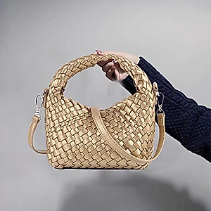 Small Hand Woven Handbags for Women Shoulder Crossbody Bag Girls Purses Cassual Top Handle Bags Hobo Curved Tote Phone Bag (Golden)