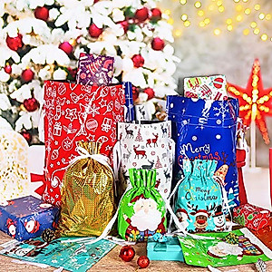 HRX Package Holiday Drawstring Gift Bags, 30pcs Christmas Foil Gift Wrapping Sacks Pouches for Xmas Presents Party Favor (Large Medium Small)