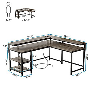 Tribesigns L Shaped Desk with Power Outlets, Reversible Corner Computer Desk with Monitor Stand and Storage Shelves, Home Office Gaming L Desk with USB Port, Gray …