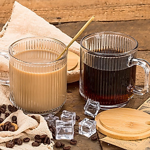 HUAHANGNA Vintage Coffee Glass Mugs for Beverage - Ribbed Short Latte Cups Set of 4, Clear Tea Cup with Bamboo Lid and Spoon, Dessert, Pudding, Ice Cream, Yogurt, Cappuccino, Espresso cup