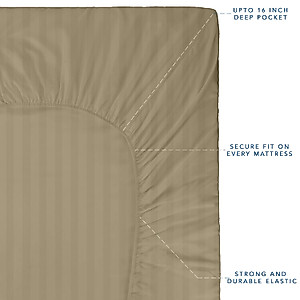 Sunday Home 400 Thread Count 100% Cotton Sheets Damask Stripe Khaki Queen Sheets Set 4 Piece - Ultra Soft Long Staple Sateen Weave Luxury Bed Sheet Set with 16" Deep Pockets - Oeko Tex Certified