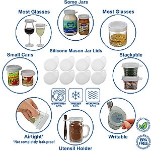 EcoPeaceful 8 Silicone Mason Jar Lids w/Utensil Holder (for Spoon or Straw) - PUSH-ON Mason Jar Caps - One Size For Wide & Regular Mouth Mason Jar Tops - BPA-free, PVC-free, Airtight, Reusable, Vegan