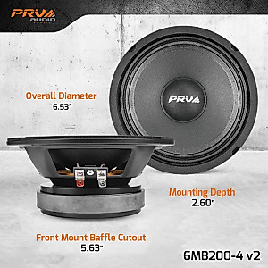 PRV AUDIO 6.5 Midbass Speaker 6MB200-4 v2 4 Ohms - 200 Watts 93.5 dB 1.5" Voice Coil - 6 Inch Speaker for Car Audio with Outstanding Vocals and Punch for Small Custom Enclosures - Pro Audio (Single)