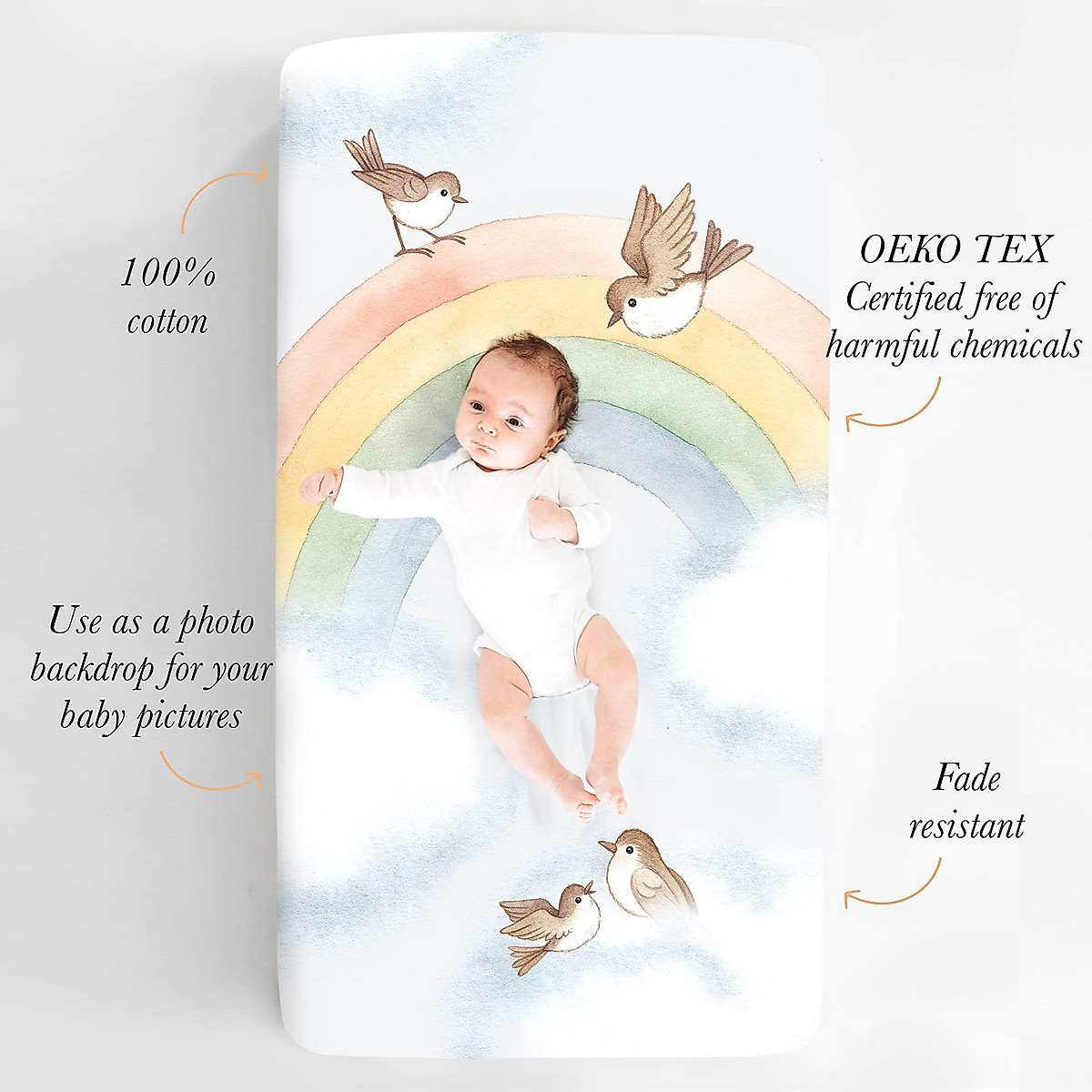 Rookie Humans 100% Cotton Sateen Fitted Crib Sheet: Rainbow and Birds. Modern Nursery, Use as a Photo Background for Your Baby Pictures. Standard Crib Size (52 x 28 inches)
