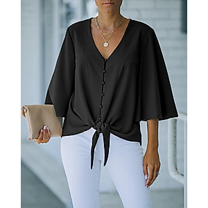 luvamia Women's V Neck Tops Ruffle 3/4 Sleeve Tie Knot Blouses Button Down Shirts, Black Button Down Size XL
