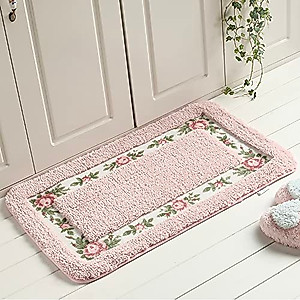 FAONIE Pretty Floral Rural Style Romantic Rose Flower Rug Shaggy Area Rugs Soft Non-Slip Doormat Floor Mat Bath Mat Bathroom Shower Rug Bedroom Living Room Carpet (Nice Pink, M)