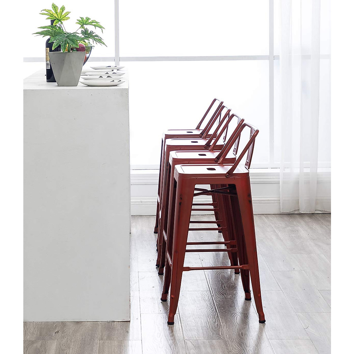 HAOBO Home 30" Metal Bar Stools Industrial Barstools Counter Height Stools for Indoor/Outdoor Barstools [Set of 4] (30", Low Back Distressed Red)