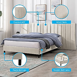Mjkone Velvet Upholstered Platform Bed Frame, Bed Frame with Oversized Wingback Headboard, Wood Strips Support/No Box Spring Needed/Easy Assembly (Beige,California King)
