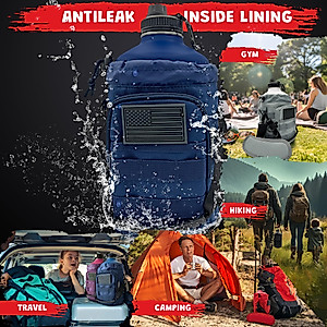 LUNCHALOT 1 Gallon Water Bottle Jug - 128 Oz Insulated Stainless Steel Metal Water Bottle with Holder - Carrying Bag - Spout Handle - Straw Lids - Keep Cold & Hot - Blue Tactical Flask