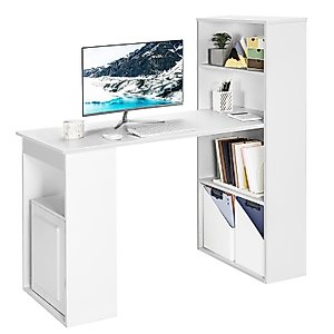 IFANNY White Computer Desk w/Bookshelf, Modern Home Office Desk w/Storage Shelves & CPU Stand, Space-Saving Design, Compact Corner Computer Workstation for Small Spaces