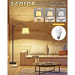 Floor Lamp for Living Room，Modern Lamp with Rotary Switch, Adjustable Tall Standing Reading Lamp with Hanging Linen Shade for Bedroom, Office, Black（3 Color Temperatures Bulb Included ）