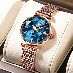 OLEVS Women Watch Fashion Rose Gold Diamond Analog Quartz Female Watch for Women Luxury Dress Ladies Stainless Steel Luminous Waterproof Date Wrist Watch Blue