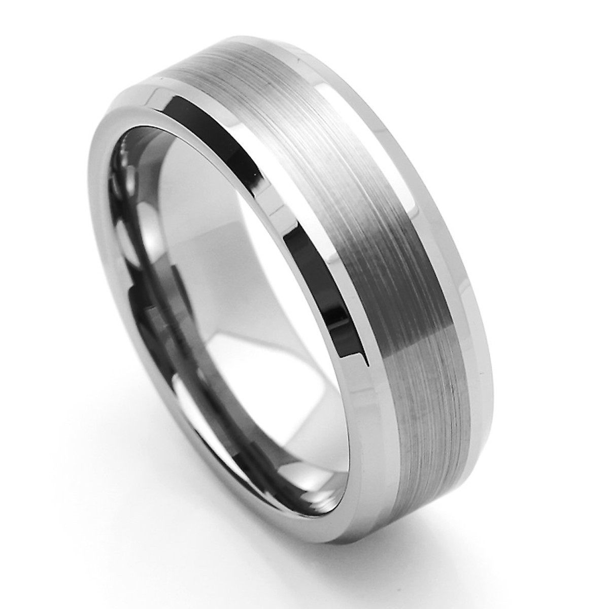 DoubleAccent 8MM Comfort Fit Tungsten Carbide Wedding Band Beveled Edges Brushed Center Tungsten Ring (5 to 15), 9.5