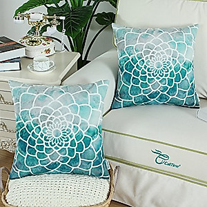 Pack of 2 CaliTime Cozy Fleece Throw Pillow Cases Covers for Couch Bed Sofa Manual Hand Painted Print Colorful Dahlia Compass 20 X 20 Inches Teal