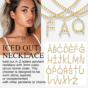 Suplight Tennis Chain Initial Necklace, Choker Chain with Pendant, Womens Bling Necklace, Cubic Zirconia CZ Micro Pave A-Z Alphabet Letter Necklaces for Women