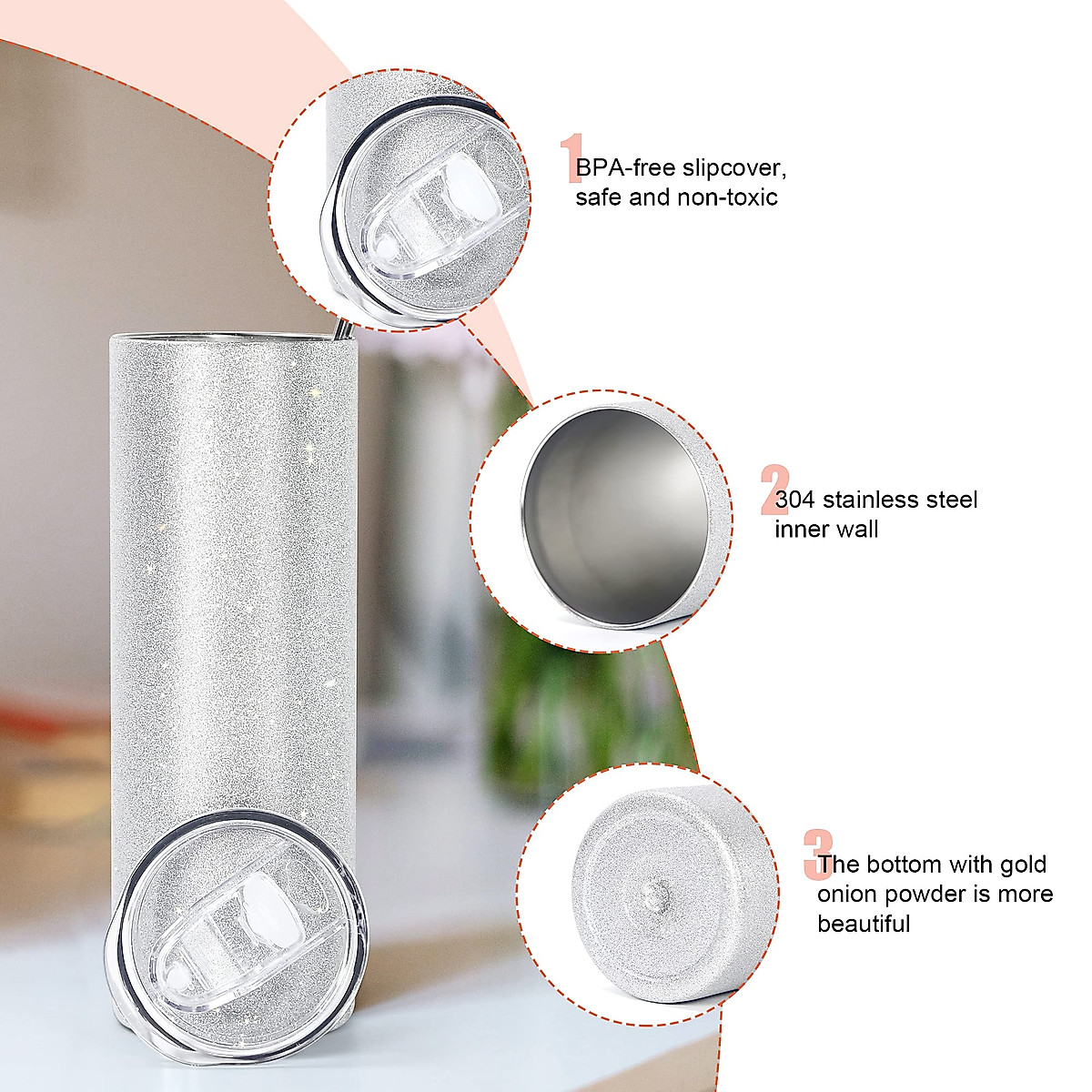 AGH Sublimation Glitter Tumbler Blanks 20oz Glitter Skinny Tumbler Bulk, 4 Pack Silver Stainless Steel Double Wall Insulated with Lid and Metal Straw